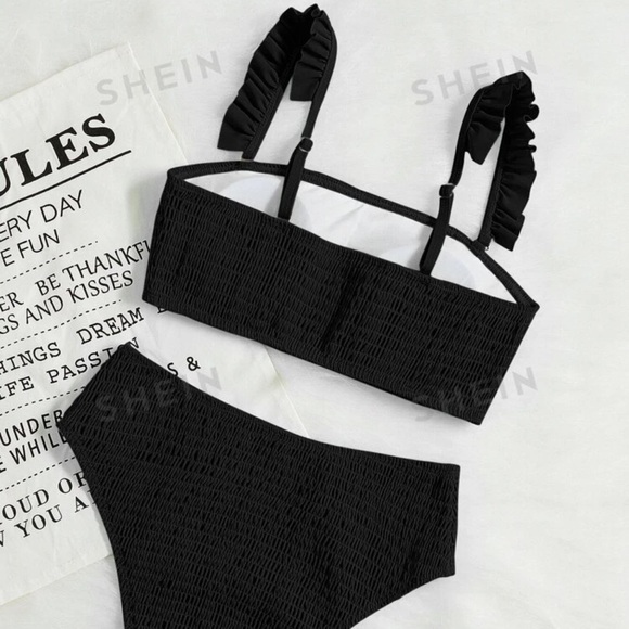 SHEIN | Swim | Smocked Frill Trim Bathing Suit Set In Black | Poshmark